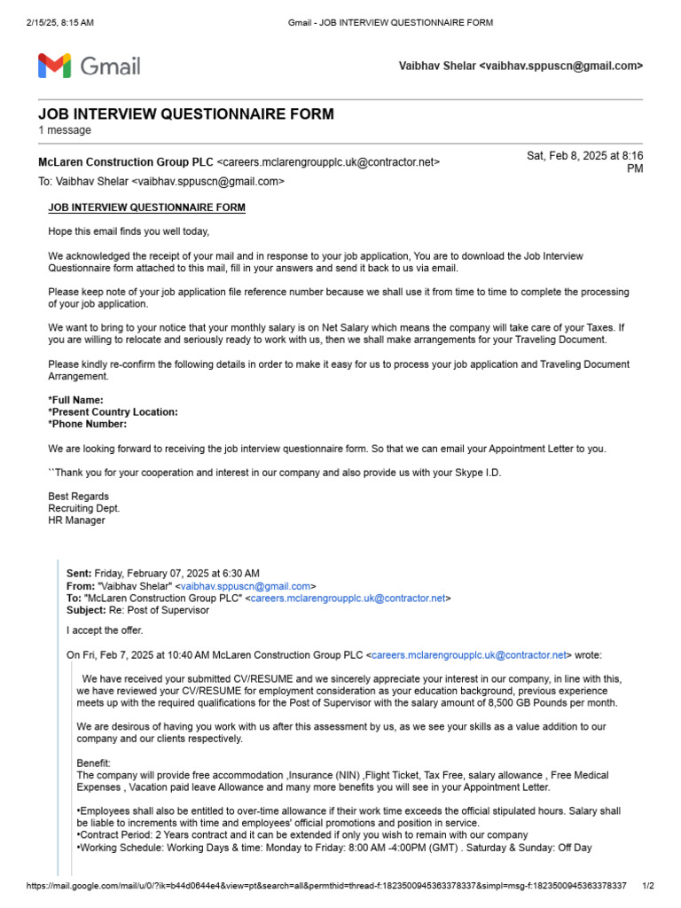 Gmail - JOB INTERVIEW QUESTIONNAIRE FORM | PDF | Salary | Employment