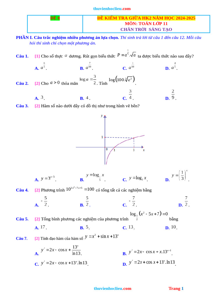 Bo 10 de Kiem Tra Giua HK2 Toan 11 CTSTCTM 24 25 | PDF
