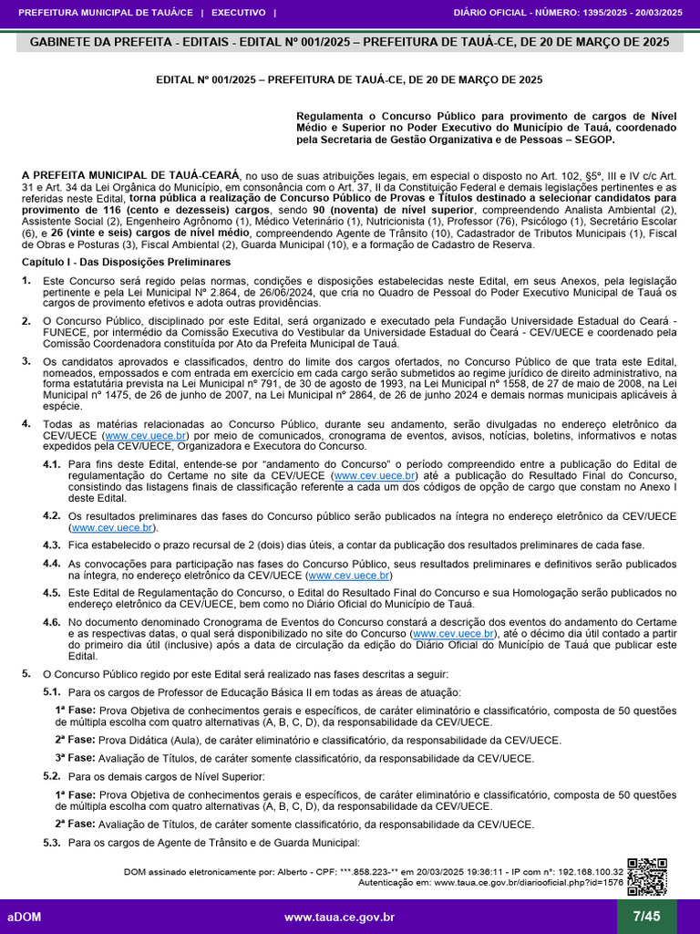 Edital Prefeitura Tau CE 2025 | PDF | Deficiência