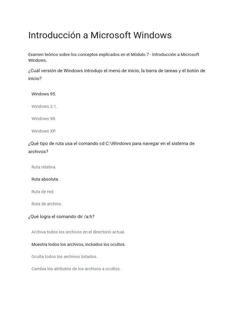 Examen Teorico Introducción a Microsoft Windows | PDF | Microsoft Windows | Archivo de computadora