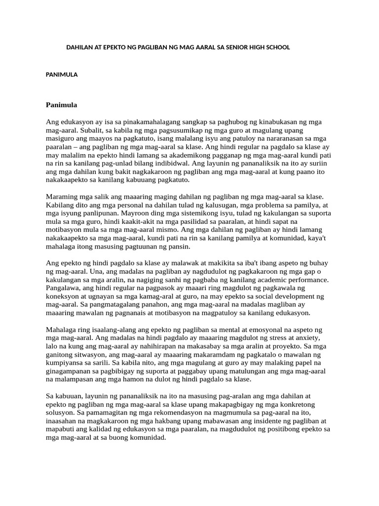 Dahilan at Epekto NG Pagliban NG Mag Aaral Sa Senior High School | PDF