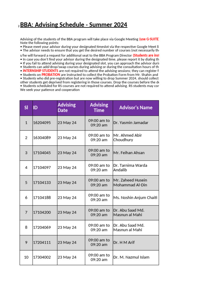 Advising Schedule - BBA - Summer 2024 (U) | PDF | Bangladesh