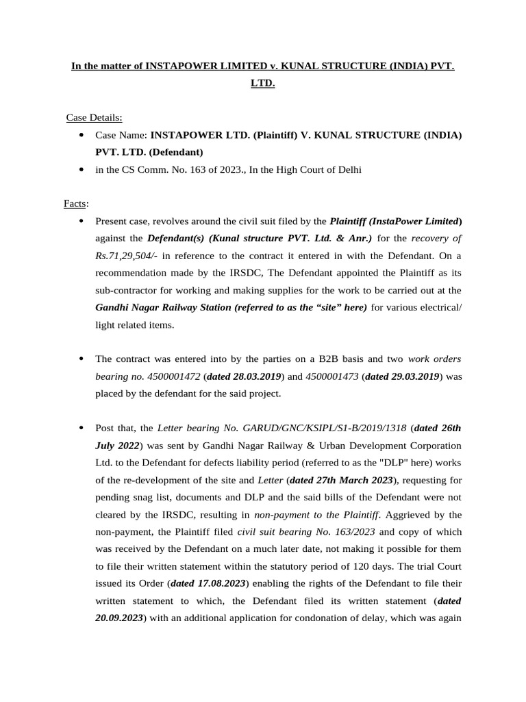 InstaPower Ltd. v. Kunal Structure Case Summary | PDF | Discovery (Law ...