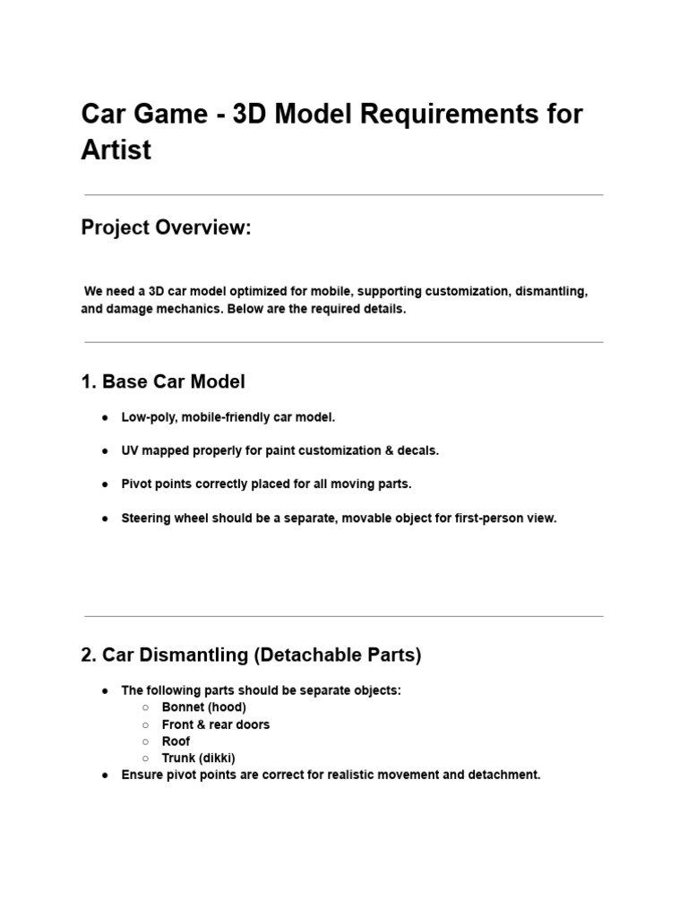 Car Game - 3D Model Requirements For Artist 3 | PDF | Texture Mapping ...