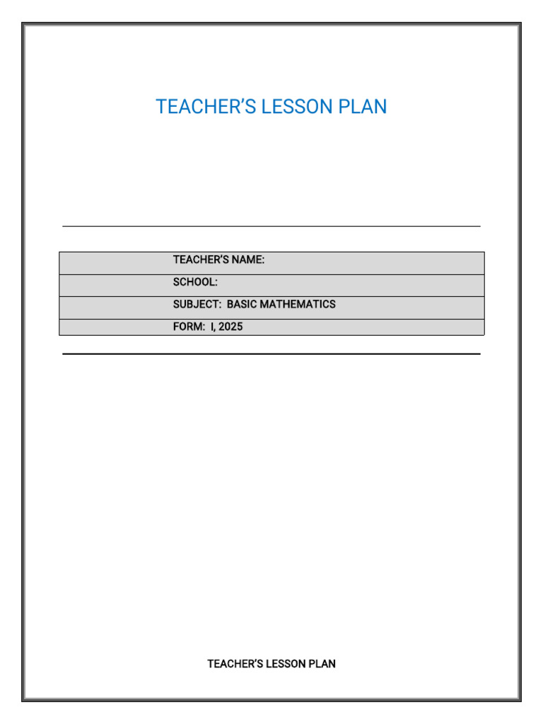 Form One Mathematics Lesson Plan 2025 | PDF | Teachers | Mathematics