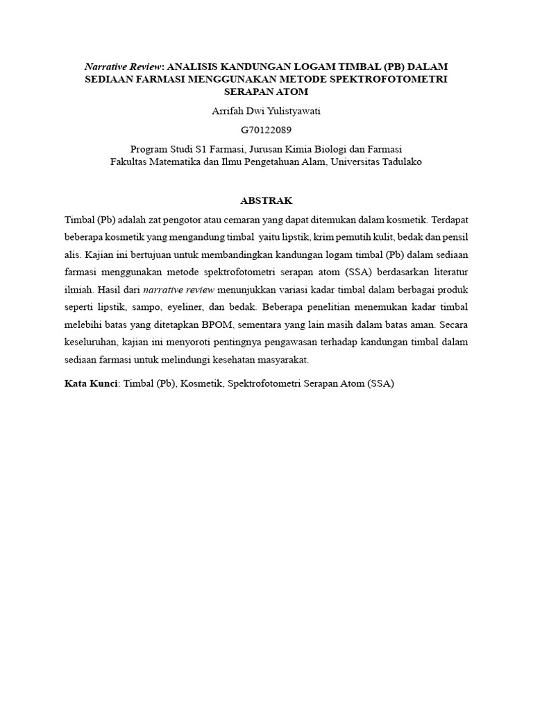 Narrative Review Analisis Kandungan Logam Timbal (Pb) Dalam Sediaan ...