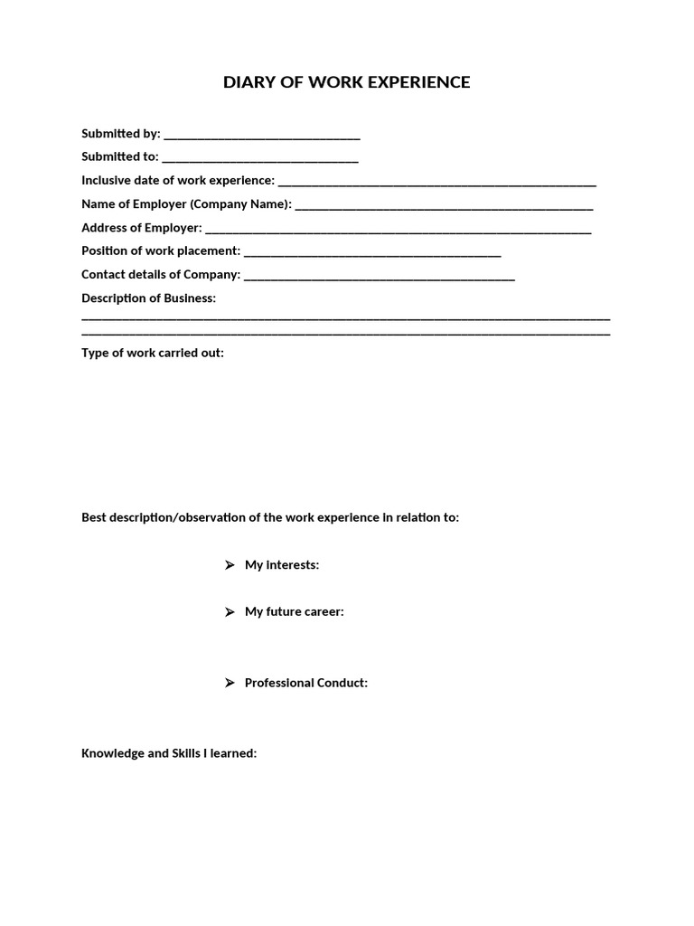 Work Experience Reflection Diary | PDF