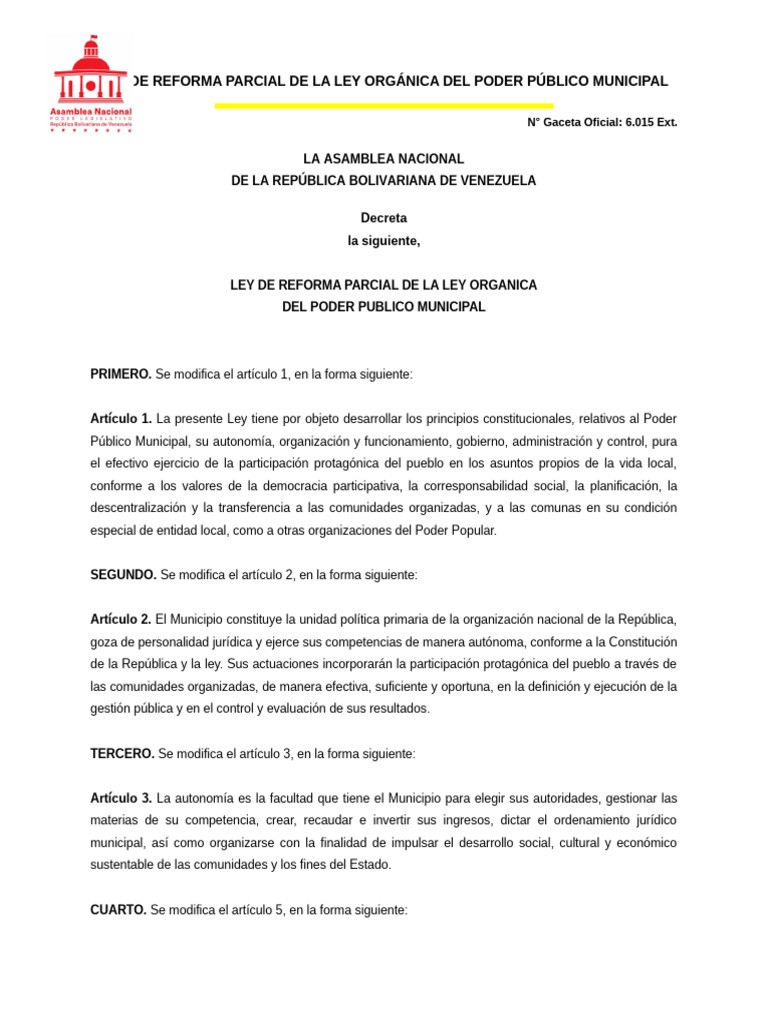 Ley de Reforma Parcial de la Ley Orgánica del Poder Público Municipal G ...