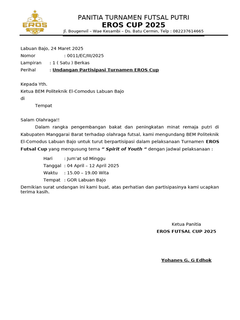 Undangan Turnamen Futsal EROS Cup | PDF