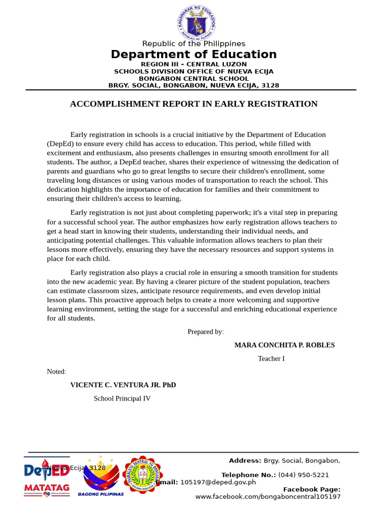 Early Registration Accomplishment Report | PDF | Teachers | Teaching