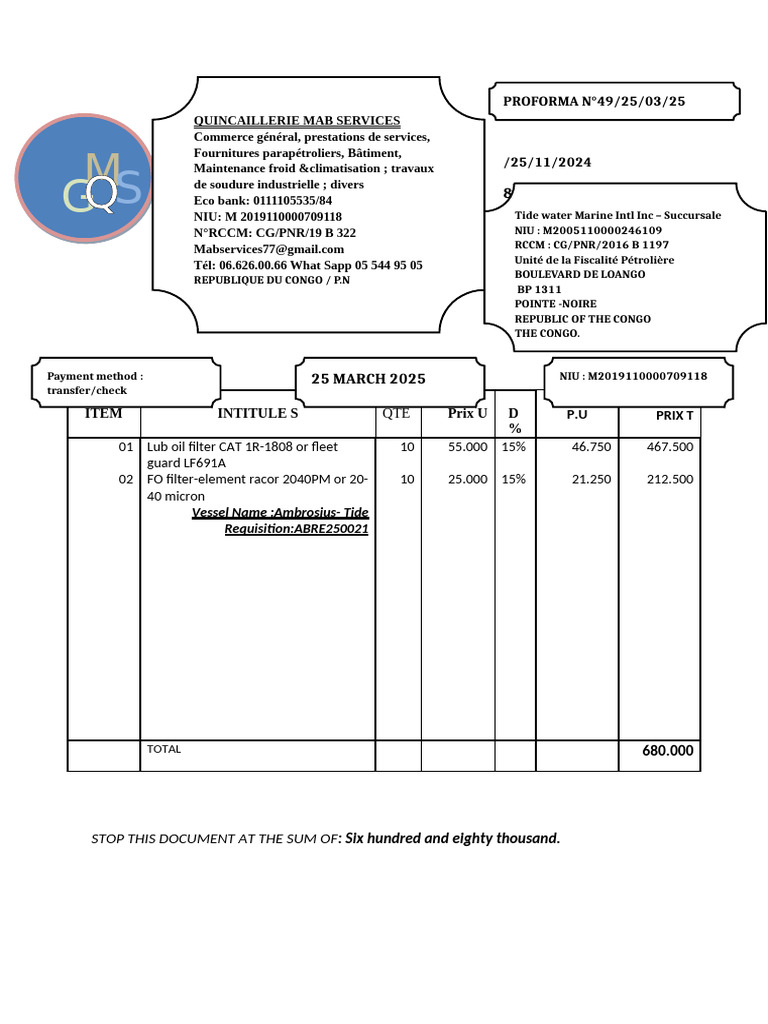 Proforma Invoice for Marine Supplies | PDF