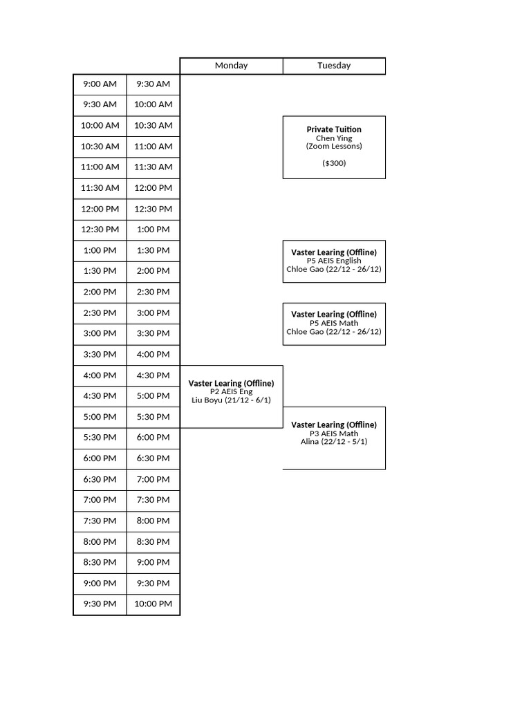 Tuition Lessons (Time Table) | PDF
