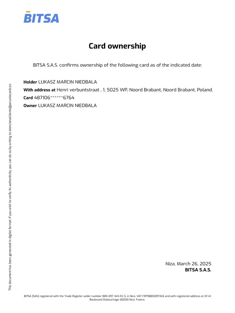 Card Ownership Confirmation for Lukasz Niedbala | PDF | Authentication ...