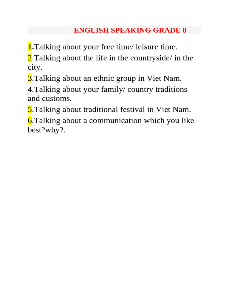 Grade 8 English Speaking Topics | PDF