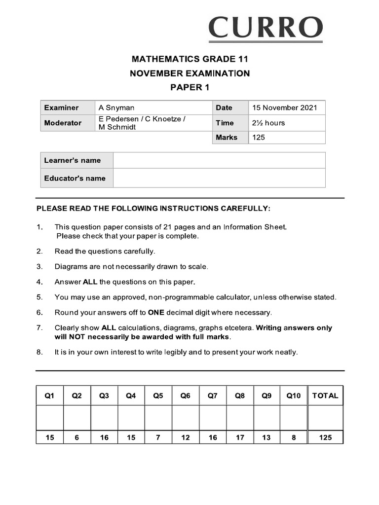Math Past Paper gr11 | PDF