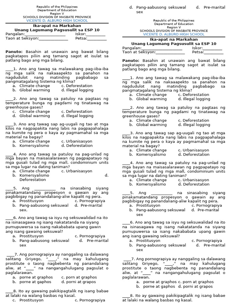 1ST SUMMATIVE ESP (4TH QUARTER) | PDF