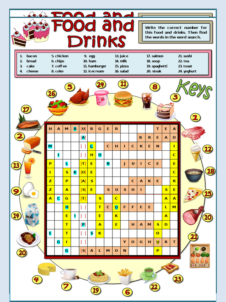 Food and Drinks Wordsearch Crosswords Fun Activities Games Picture ...