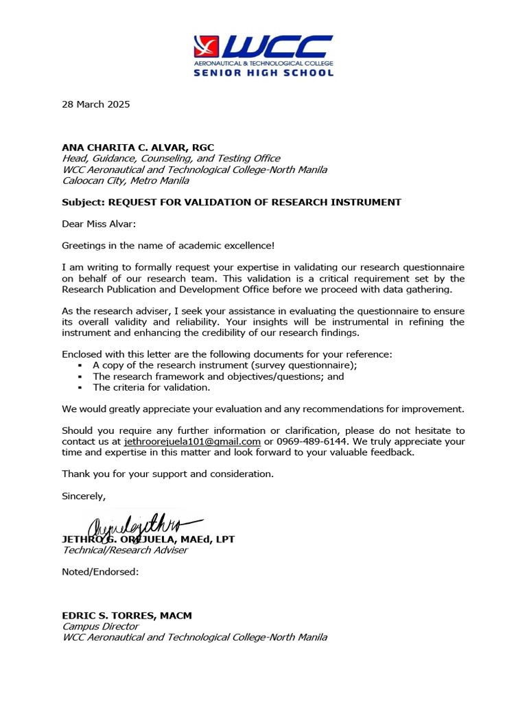 Validation Request for Research Instrument | PDF