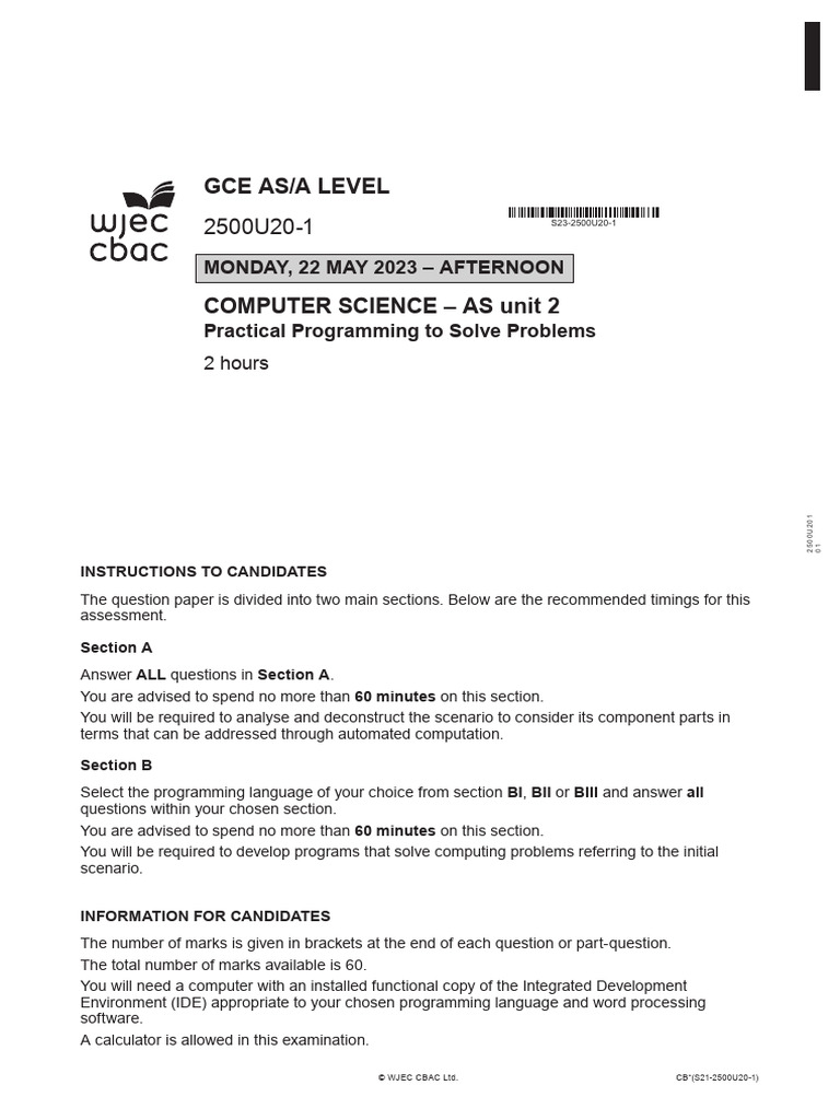 Gce As/A Level: Monday, 22 May 2023 - Afternoon Practical Programming ...
