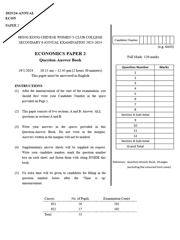 Hong Kong Economics Exam Paper 2024 | PDF | Economies | Trade