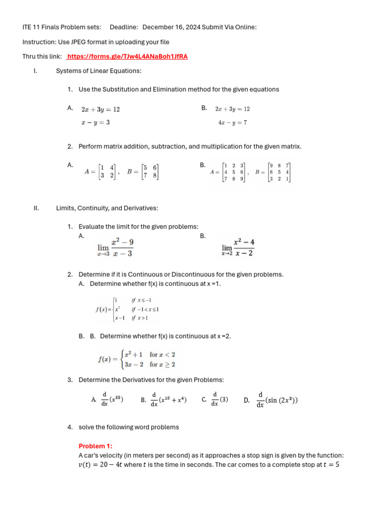 ITE 11 Finals Problem Sets | PDF | Derivative | Matrix (Mathematics)