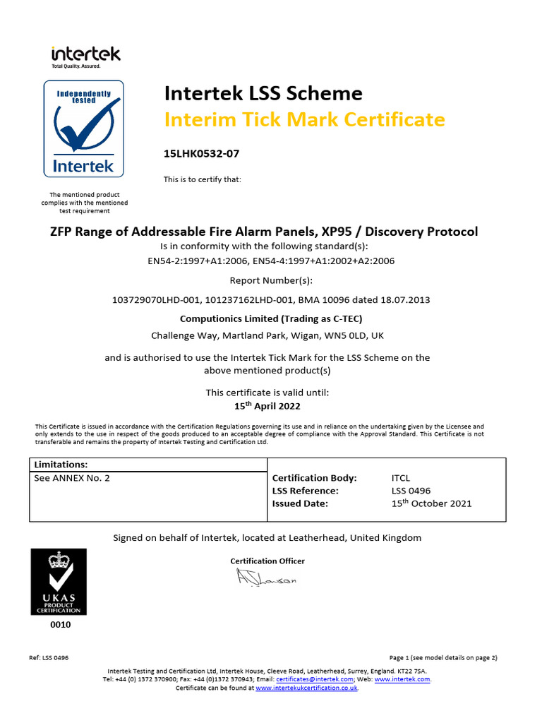 Intertek Tick Mark Certificate for ZFP Panels | PDF
