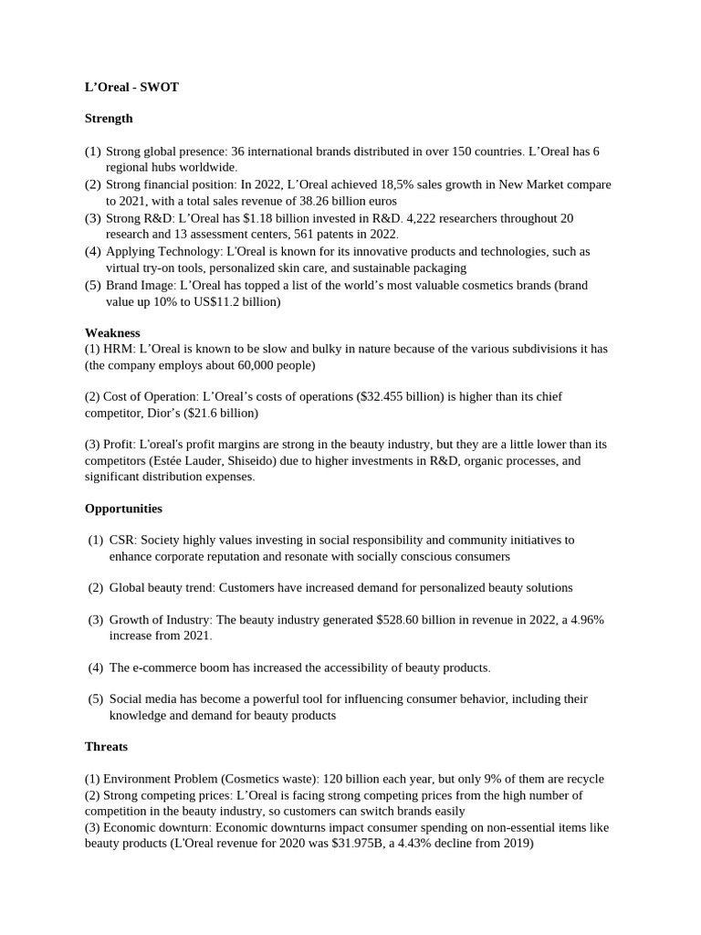 Loreal SWOT | PDF | Cosmetics | Brand