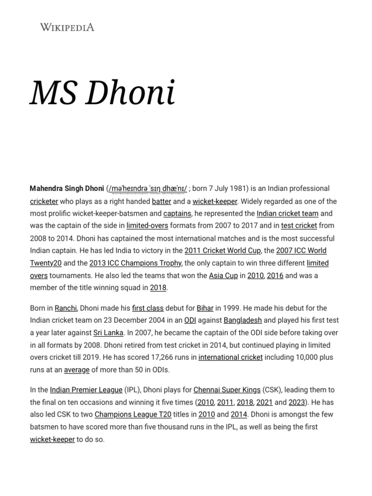 MS DHONI | PDF | Athletic Sports | Team Sports