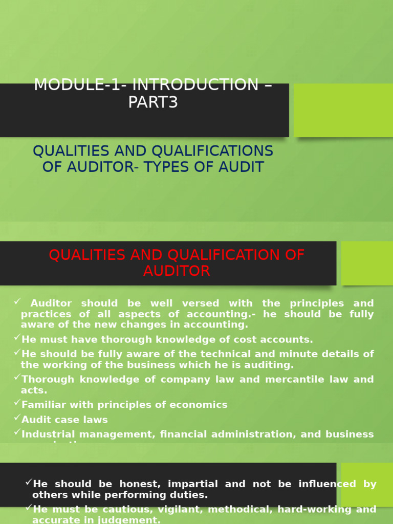 Qualities and Qualifications of Auditor - Types of Audit | PDF | Audit | Taxes
