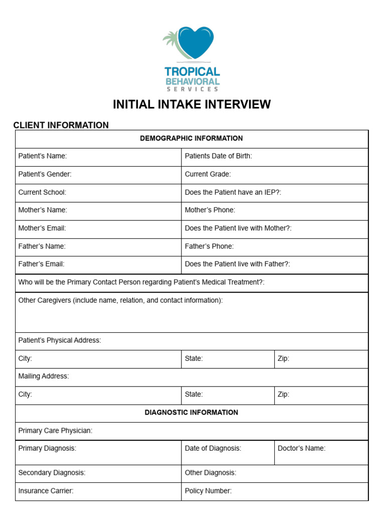 Client Intake Form for ABA Therapy | PDF | Child Abuse | Psychological ...
