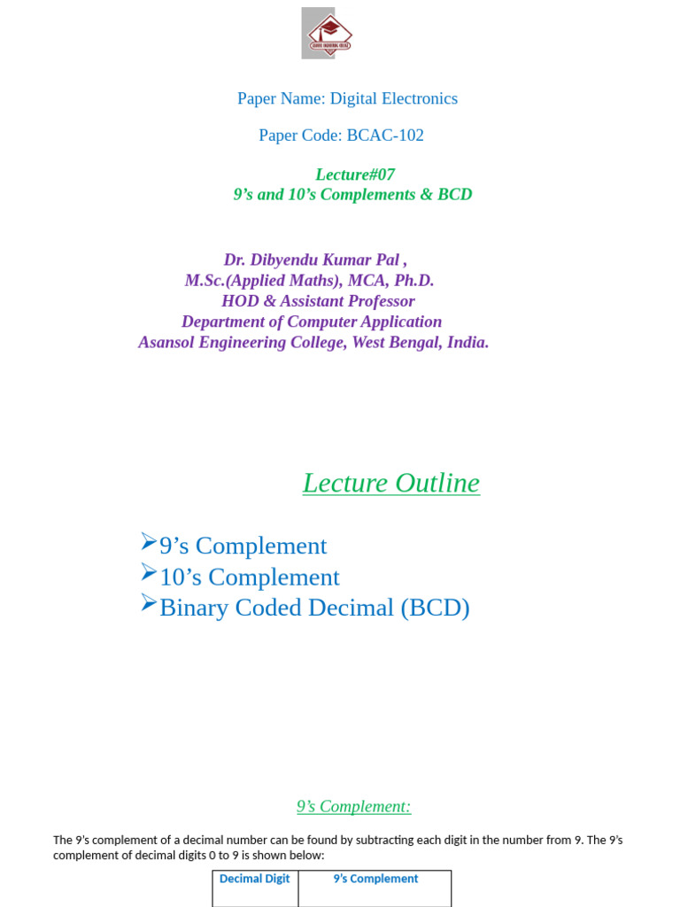9 10 Complement Binary Coded Decimal Lecture 07 Pdf Subtraction Binary Coded Decimal