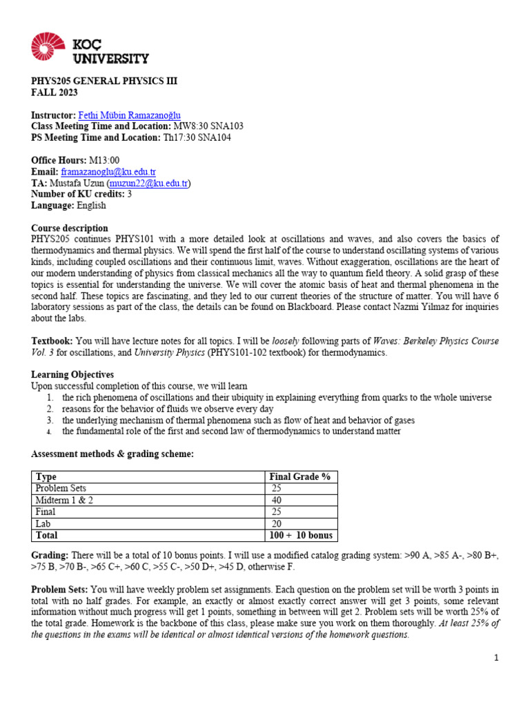 Phys 205 Fall 2024 Syl Lab Us | PDF | Oscillation | Physics