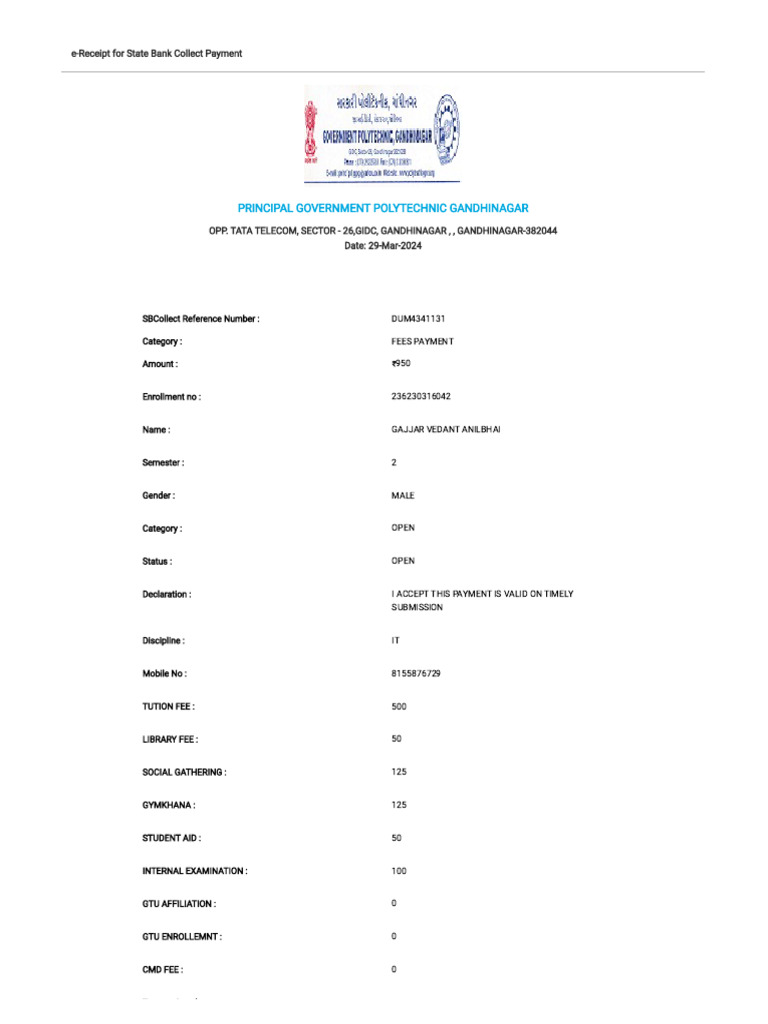 SBI Collect Fee Receipt - Polytechnic | PDF