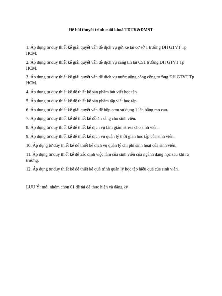 Đề bài thuyết trình cuối khoá TDTK | PDF