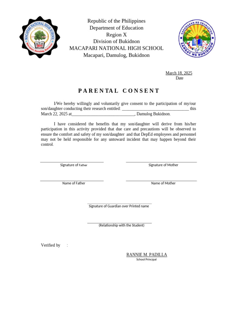 Parental Consent Form for Student Research | PDF