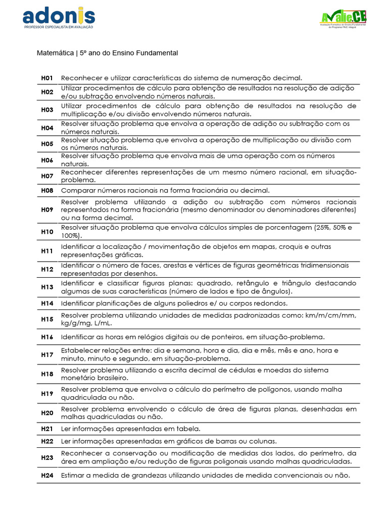 Habilidades Matemáticas 5º Ano | PDF | Números | Número racional