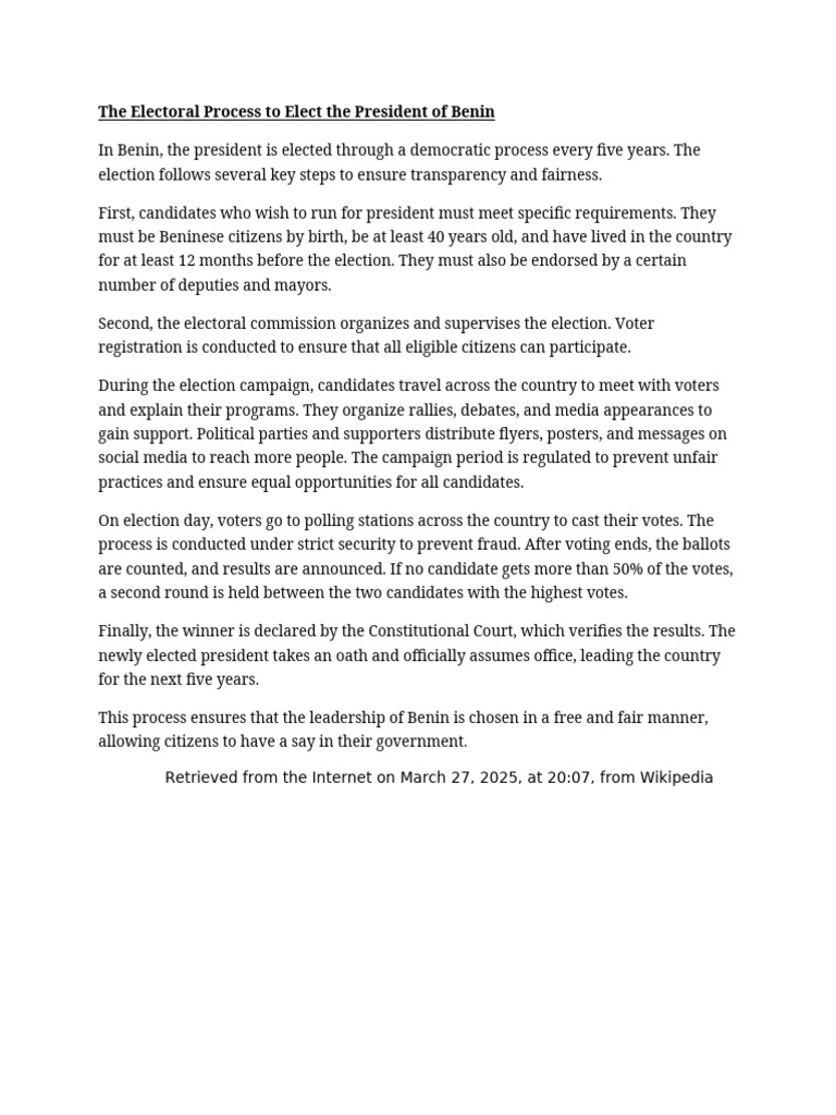 How Benin Elects Its President | PDF