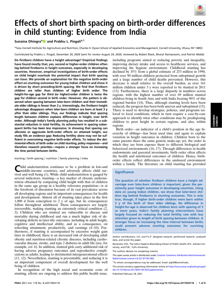 Dhingra Pingali 2021 Effects of Short Birth Spacing On Birth Order ...