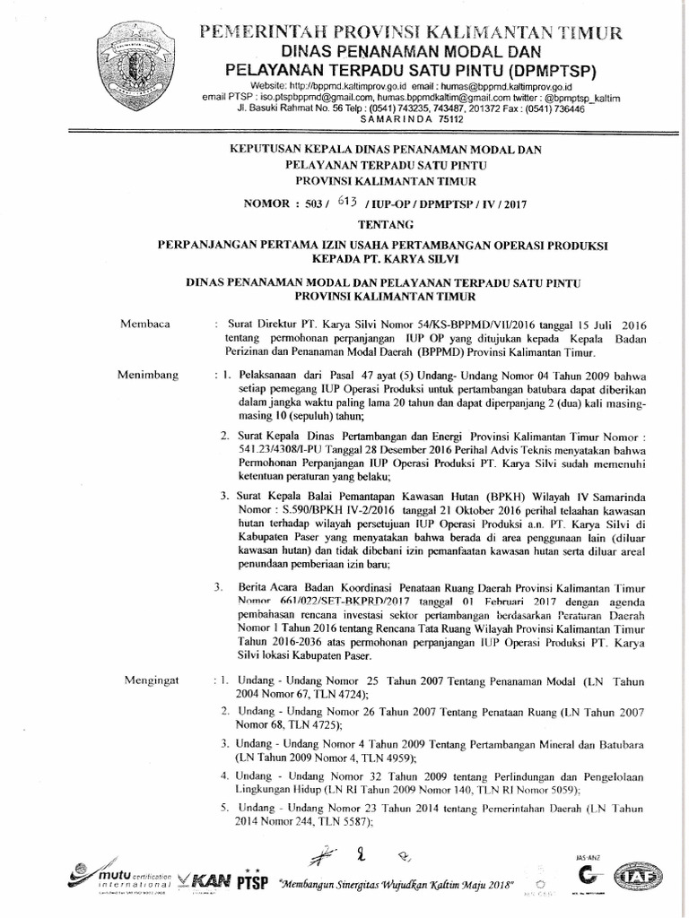 Perpanjangan IUP PT Karya Silvi | PDF