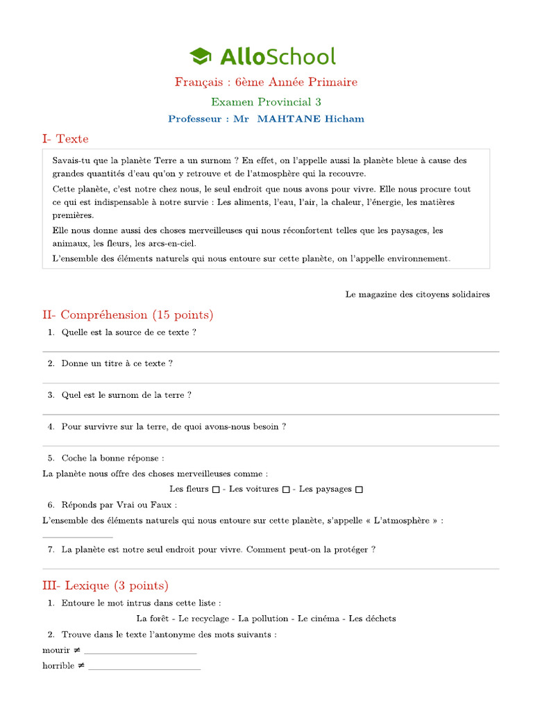 Francais 6ap Examen Provincial | PDF