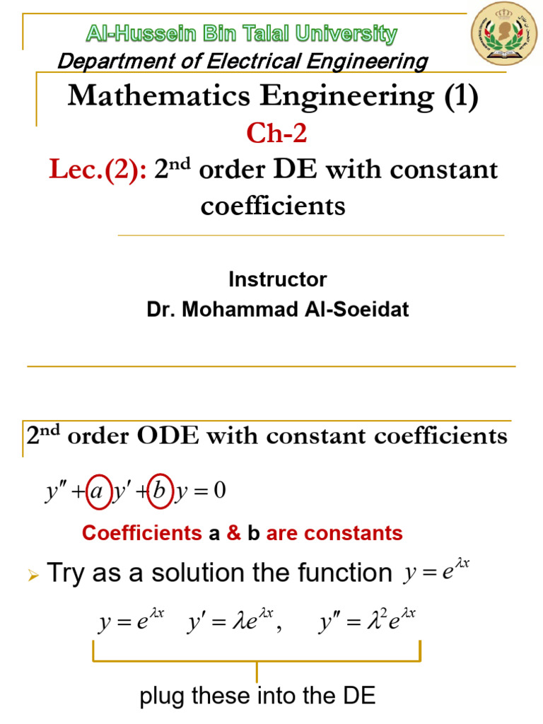 ch2 - Lec2-2nd Order DE With Constant Coefficients - MA | PDF | Ordinary Differential Equation ...