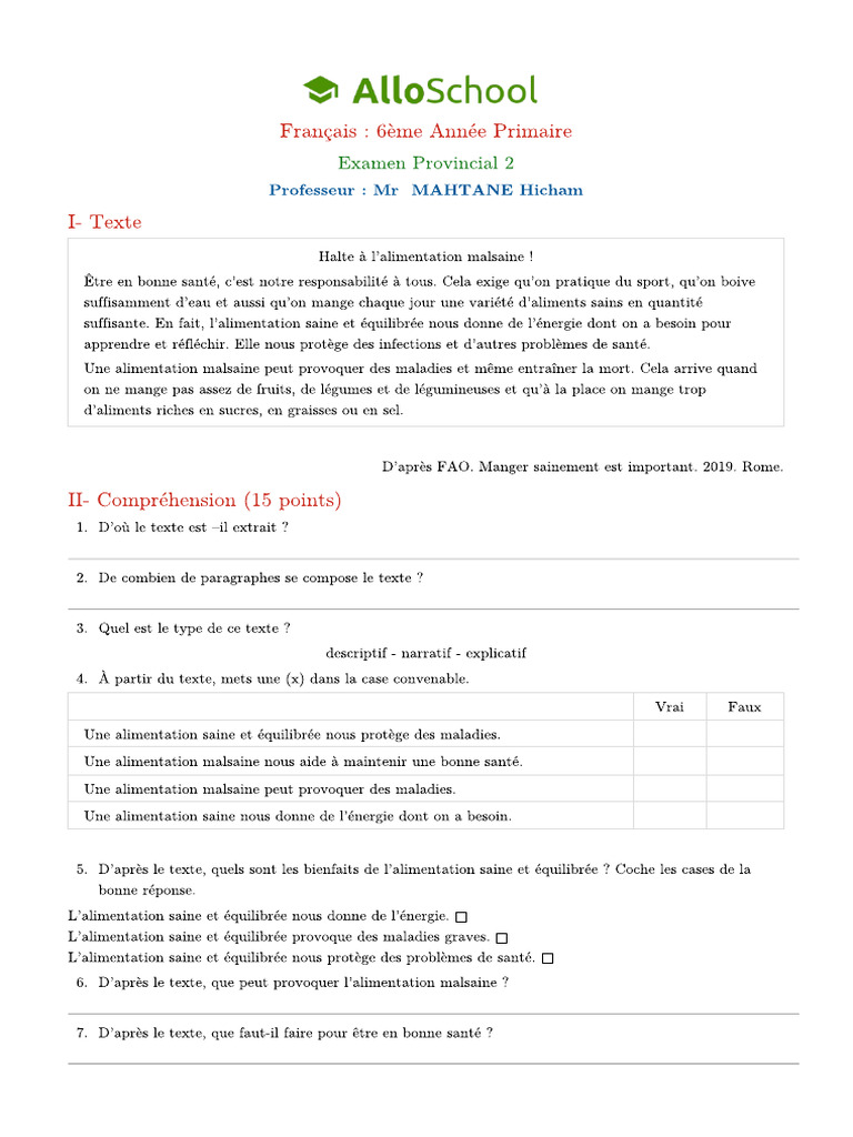 Francais 6ap Examen Provincial | PDF