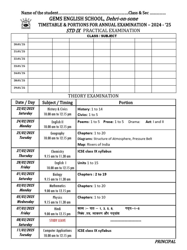 Class 9 Timetable & Portions Annual Exam 2025 | PDF | Physical Sciences ...
