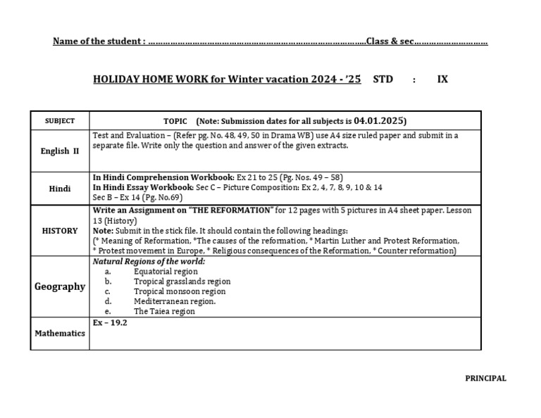 Winter Vacation Homework 2024-25 | PDF