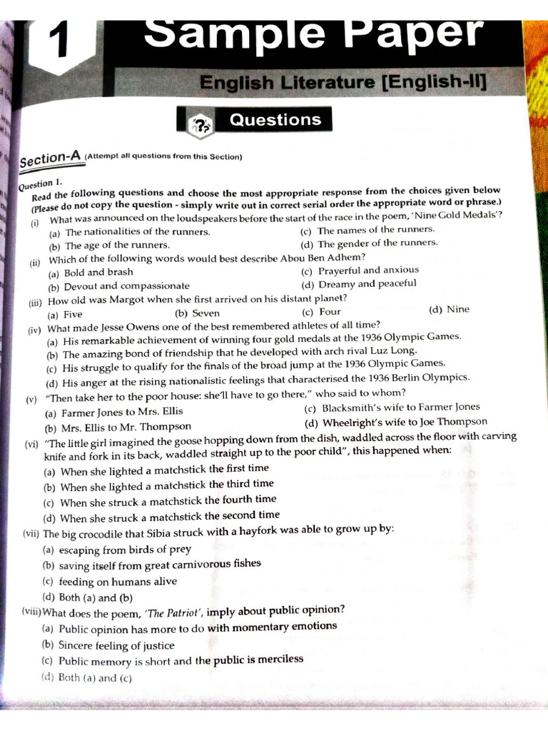 ICSE Class 10th English Literature Sample Paper 2 | PDF
