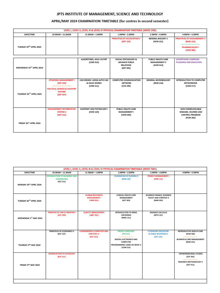APRIL-MAY 2024 PHYSICAL EXAMINATION TIMETABLE For Second Semester ...