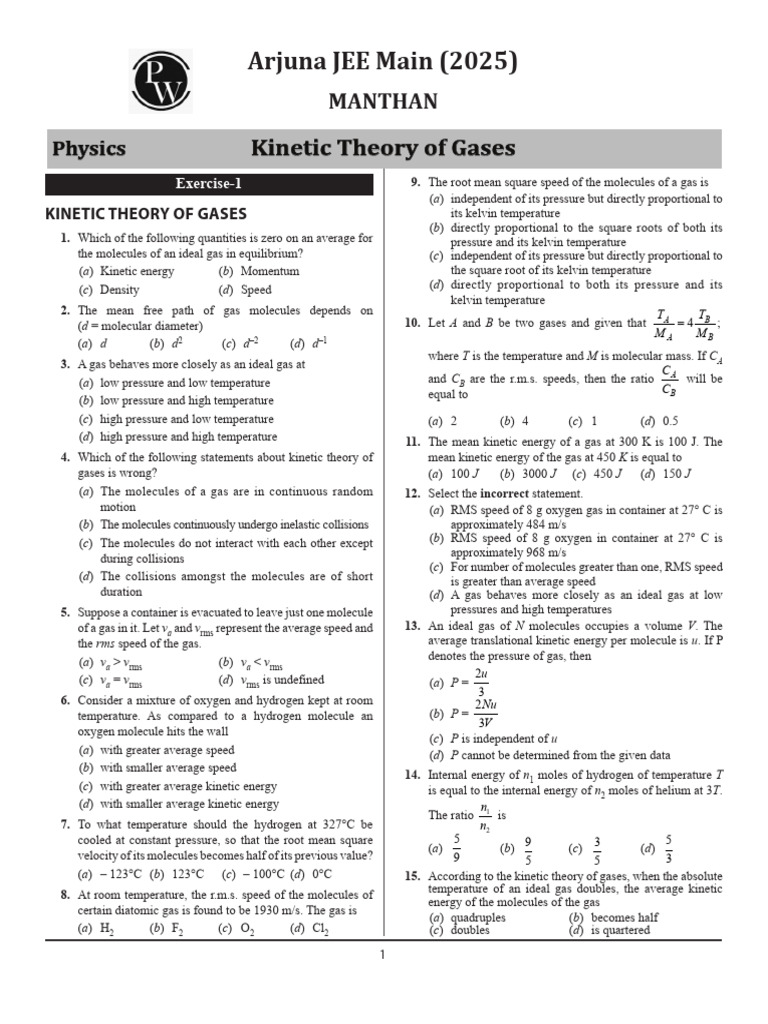 Kinetic Theory of Gases - JEE Main Practice Sheet - Arjuna JEE 4.0 2025 | PDF | Gases | Temperature