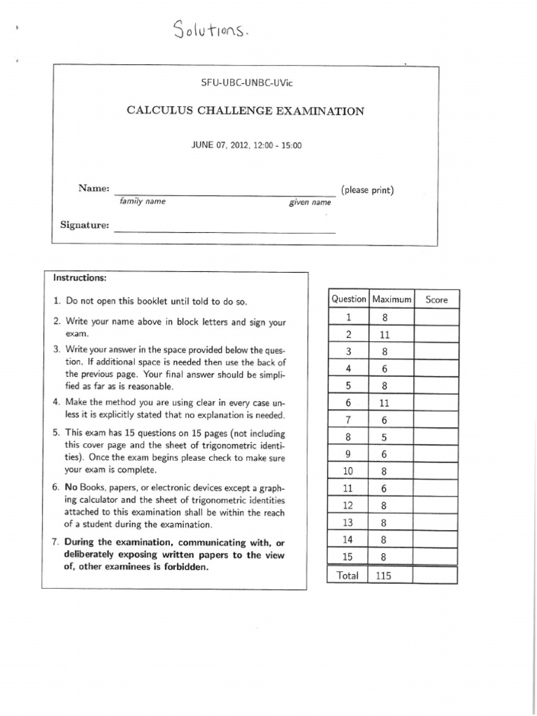 2012 Calculus Challenge Exam | PDF