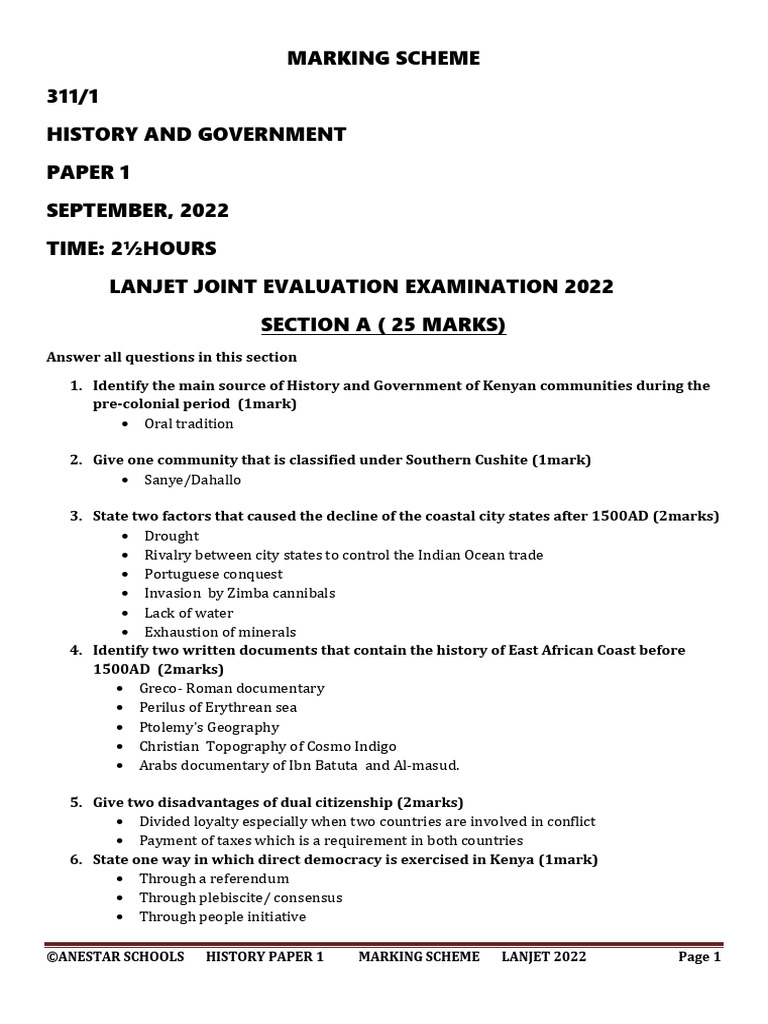 KCSE 2022 History Paper 1 Marking Scheme | PDF | Bill (Law) | Kenya
