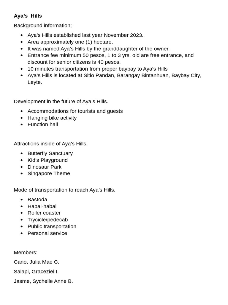 Aya's Hills: Entrance Fees & Attractions | PDF